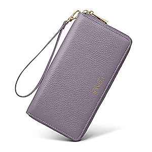 Leather Zip Around Wallet for Women, Genuine Leather RFID Blocking Gift Box Packing 17 Card Slots Ladies Long Wallet Purses with Zipper Coin Pocket Women's Clutch Wallets with Wristband (Light purple)
