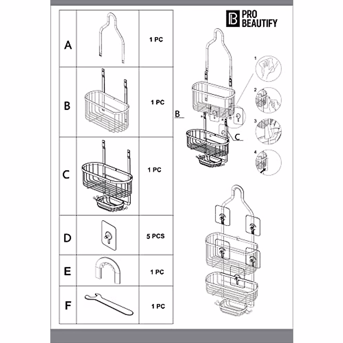PROBEAUTIFY Hanging Shower Caddy Over Shower Head - Black Shower Caddy Hanging - Shower Caddy and Shower Rack for Ultimate Convenience