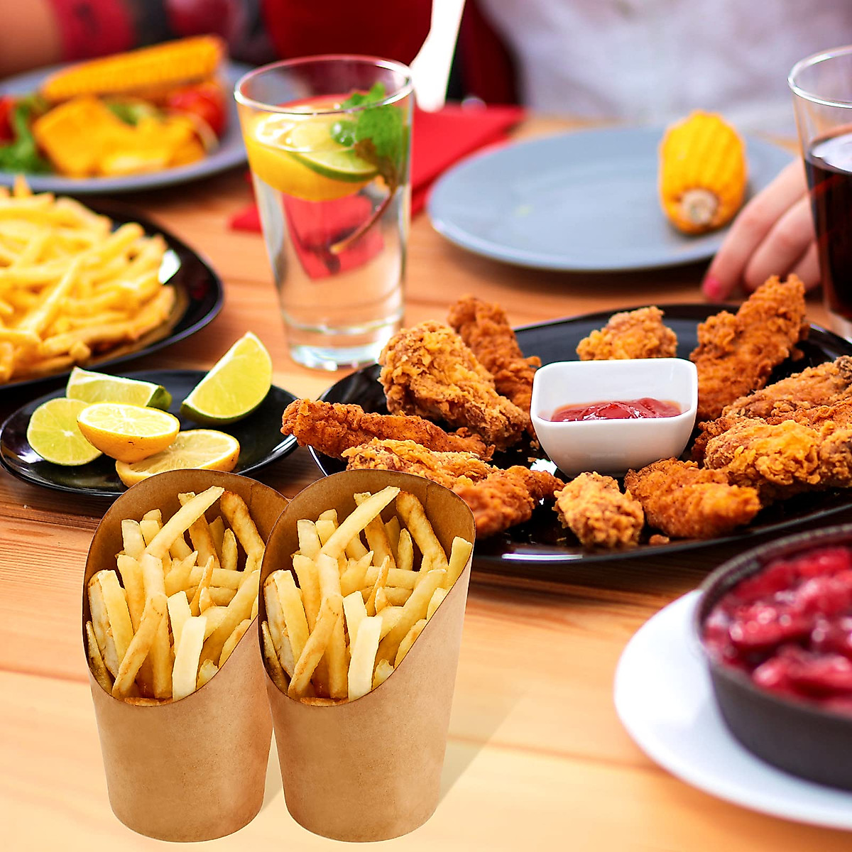 Disposable French Fries Holder 14 oz Take out Party Baking Supplies Waffle Paper Popcorn Sandwich Ice Cream Holder Cup Kraft Paper Container for Wedding Party Food Cones (Brown,100 Pieces)