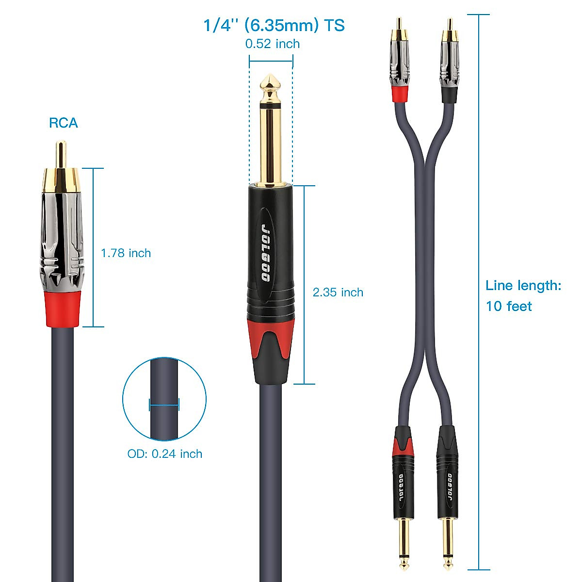 JOLGOO RCA to 1/4 Cable, Dual RCA to Dual 1/4 TS Stereo Interconnect Cable, 2 6.35mm Male TS to 2 RCA Male Stereo Audio Adapter Cable, 10 Feet