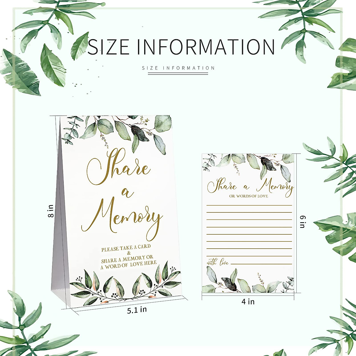 50 Pcs Share a Memory Cards and Greenery Place Cards Seating Place Cards Greenery Eucalyptus for Graduation, Wedding, Bridal Shower, Birthday Party, Celebration Anniversary, Funeral (Gold Font)