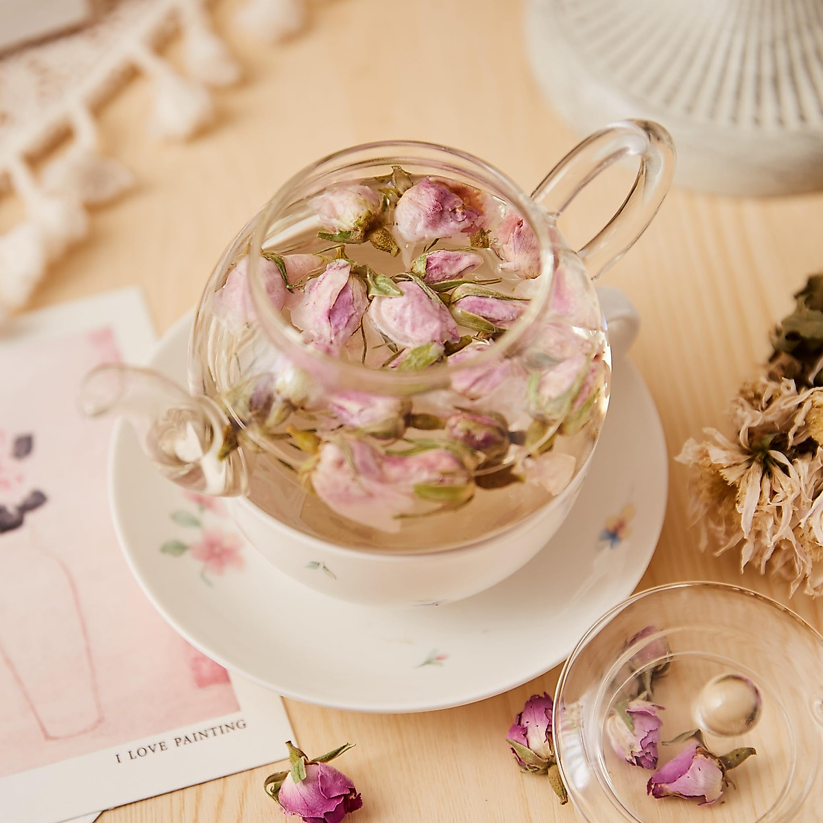 Cha Wu-[A] Pink Rose Buds(3oz),Loose Leaf Flower Petal Tea,Natural Fragrant Herbal Tea,Afternoon Tea