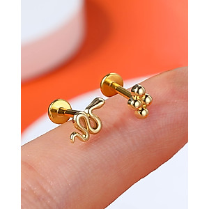 Melighting 14K Gold Helix Earrings Push in Threadless Snake Cartilage Earrings Solid Gold Flat Back Earrings Stud Gold Tragus Piercing Jewelry Labret Jewelry for Women Men