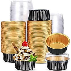 150 Count Aluminum Foil Baking Cup Disposable Ramekins with Lids 5oz Mini Cupcake Liners Flan Mold Mini Cake Pans with Lids Disposable Cake Tins for Pudding Desert Creme Brulee (Black, Gold)