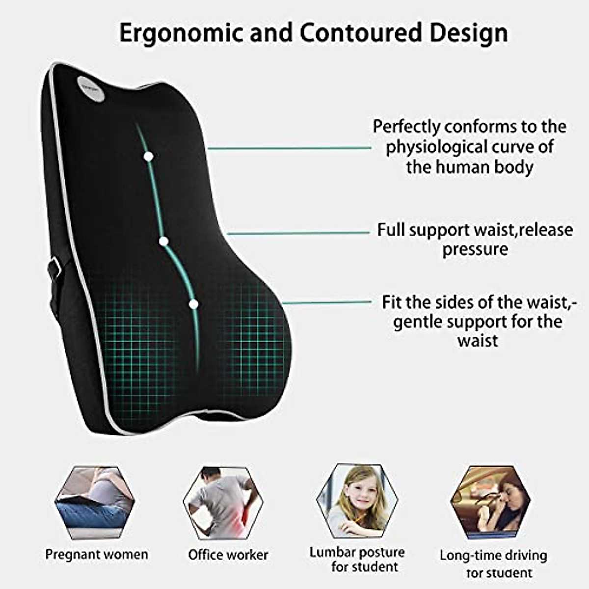 Newgam Lumbar Support Pillow,Pure Memory Foam Back Cushion Orthopedic Backrest with Breathable 3D Mesh for Car Seat,Office Chair,Computer Chair,Wheelchair and Recliner.Ergonomic Design (Grey Edge)