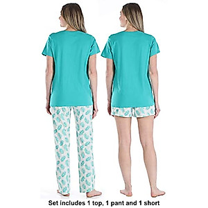 Frankie & Johnny Women's 3 Piece Knit Pajama Set - Top, Pant and Short, Short & Pant Set - Palm Tree, Medium