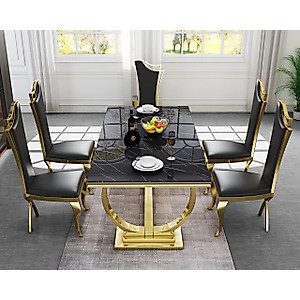 70" Marble Dining Table for 6-8, Luxury Gold Kitchen Table, Mid-Century Modern Black Fuax Marble Dining Room Table with Stainless Steel Pedestal, Large Dining Table for Kitchen Dining Office