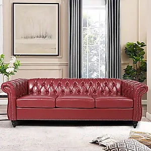 LEVNARY Chesterfield Sofa, Classic Tufted Upholstered Leather Couch, Modern 3 Seater Couch Furniture with Tufted Back for Living Room Office (Wine Red)