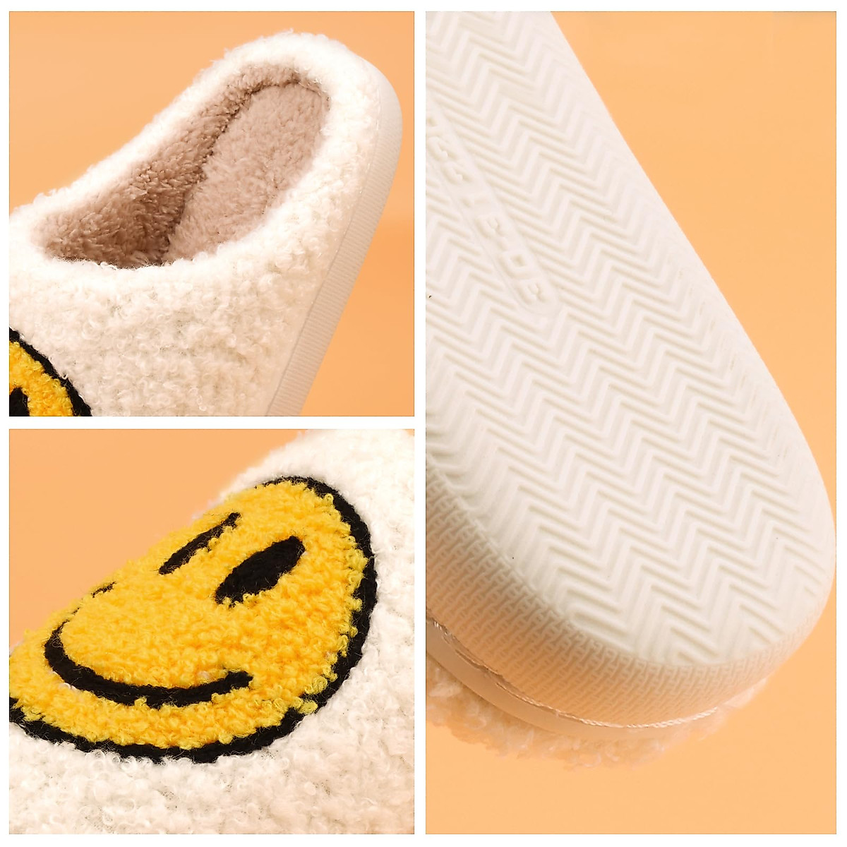 ZICKYO Kids Slippers Boys Girls Cute Happy Face House Slippers Warm Soft Plush Non-Slip Indoor Outdoor Slip-on Shoes White Yellow 3-4 Big Kid