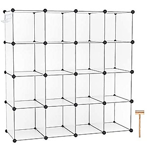 C&AHOME Cube Storage Organizer, 16-Cube Shelves Units, Closet Cabinet, DIY Plastic Modular Book Shelf, Ideal for Bedroom, Living Room, Office, 48.4" L × 12.4" W × 48.4" H Transparent White