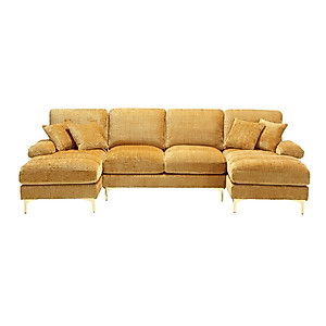 LUCKHAO Modern Large Sectional Sofa with 2 Chaises Lounges, U-Shaped Sectional Couch, Metal Legs, Comfy Deep 4 Seats Upholstered Living Room Furniture(Yellow)