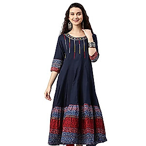 Yash Gallery Women's Cotton Embroidered Anarkali Kurta (Blue)