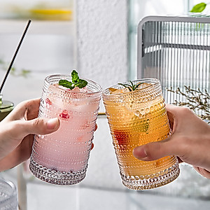POLIDREAM Hobnail Drinking Glasses Set of 4, Art Deco Vintage Glassware, 12 oz Tall Crystal Tumblers, Clear Embossed Glass Cups, Romantic Iced Beverage Glass, for Beer, Cocktail, Soda, Cappuccino