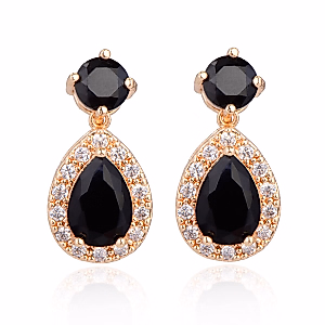 Gold Black CZ Teardrop Dangle Earrings for Women Small Sterling Silver Halo Round Pear Shaped Crystal Cubic Zirconia Birthstone Bridal Drop Earrings for Wedding Bride