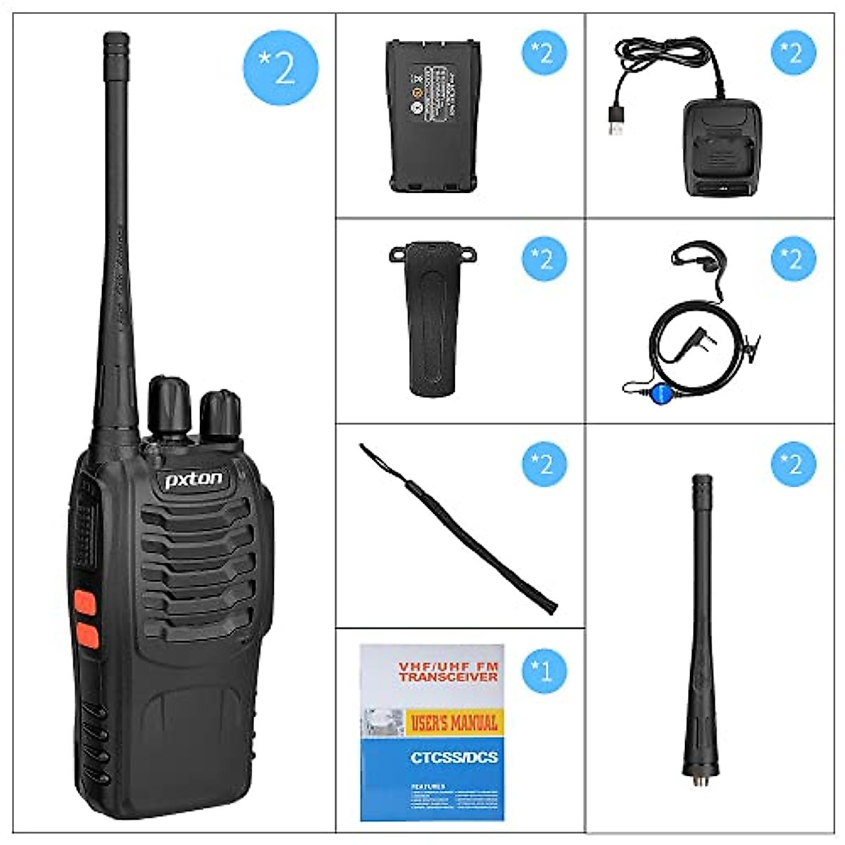 pxton PX-8S-01 walkie talkies for Adults with Upgraded Headset,Handheld Portable Two Way radios Long Range Include Rechargeable walkie Talkie Li-ion Battery and USB Charger（2 Pack）