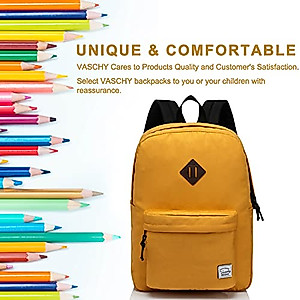VASCHY Lightweight Backpack for School, Classic Basic Water Resistant Casual Day-pack for Travel with Bottle Side Pockets (Gold)