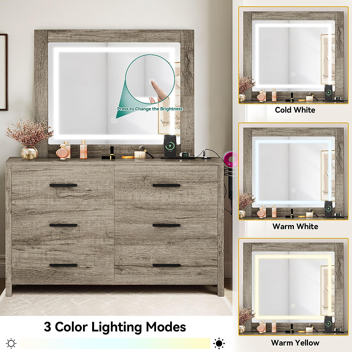 YITAHOME Makeup Vanity with Lighted Mirror, 6-Drawer Vanity Desk with Charge Station, Dressing Table with 3-Mode Light Strip for Bedroom, Maple Gray