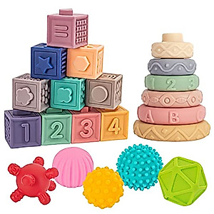 Springflower 3 in 1 Montessori Toys for Babies 0-3-6-12 Months, Soft Baby Teething Toys, Stacking Building Blocks for Infants, Sensory Developmental Education Toys for Toddler Baby 12-18 Months,23 PCS