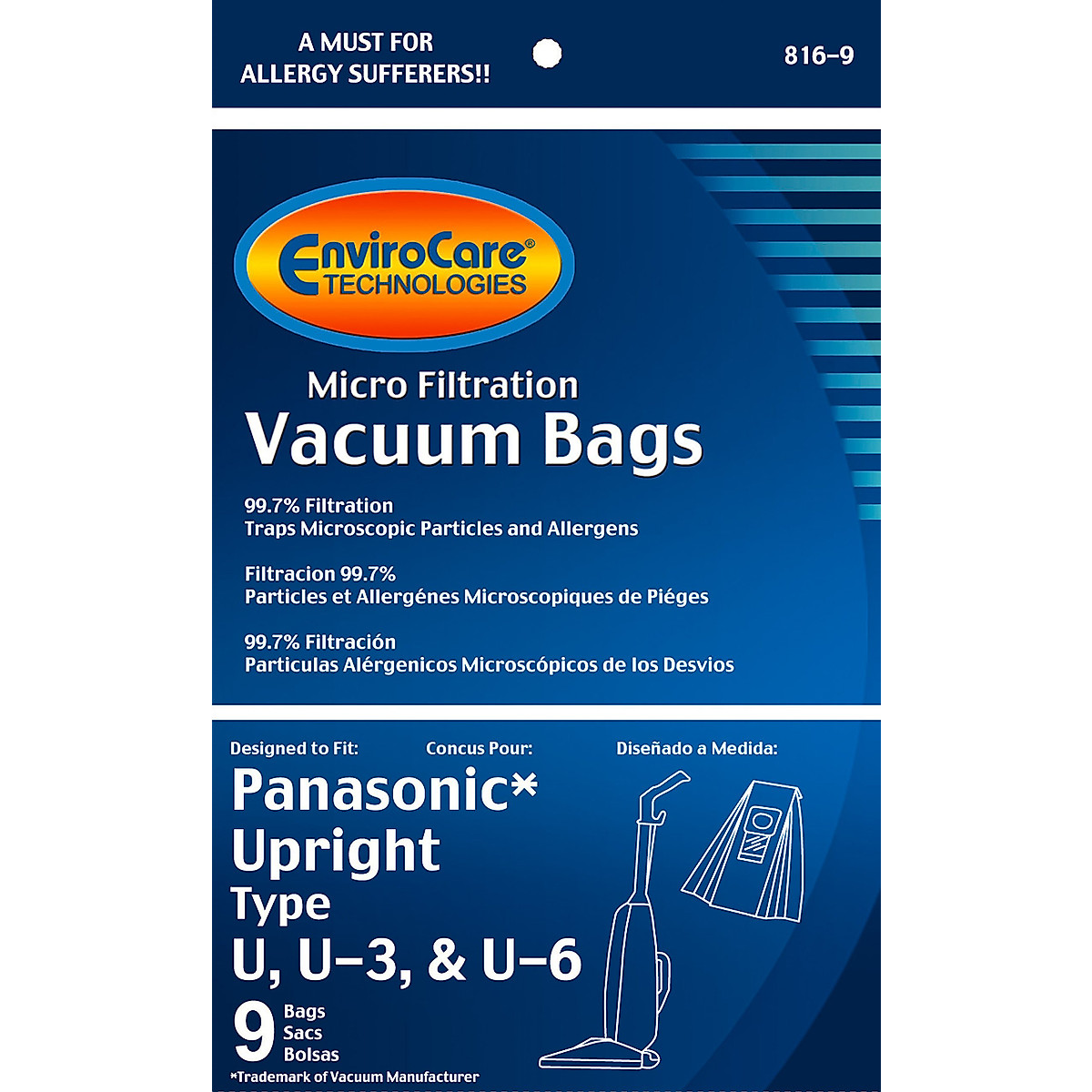 EnviroCare Replacement Micro Filtration Vacuum Cleaner Dust Bags Made to Fit Panasonic Types U, U-3, U-6-9 Pack