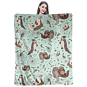 Sea Otter Novelty Throw Blanket Flannel Fleece Green Blanket for Bed Couch Chair Travel Camping Super Soft Warm Lightweight Comfort Cute Otter Gifts for Girls Boys Adults 60"x50"