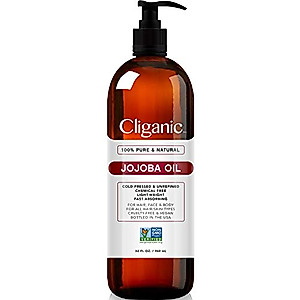 Cliganic Jojoba Oil Non-GMO, Bulk 32oz | 100% Pure, Natural Cold Pressed Unrefined Hexane Free Oil for Hair & Face