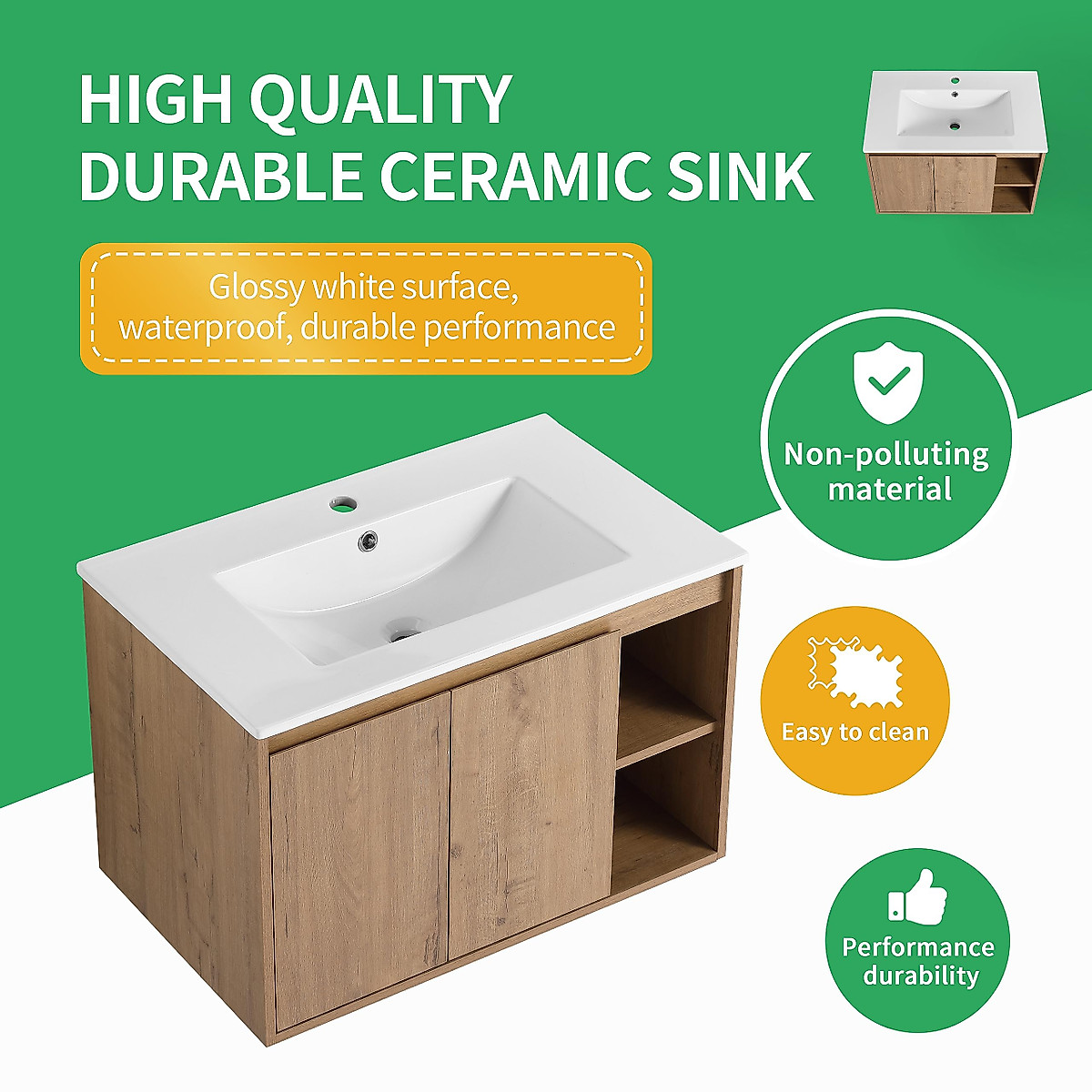 San Merah 30" Wall-Mounted Bathroom Vanity with Sink - Floating Single Door Cabinet & Right Shelf, Space-Saving Modern Design for Small Bathrooms, Ceramic Basin Combo