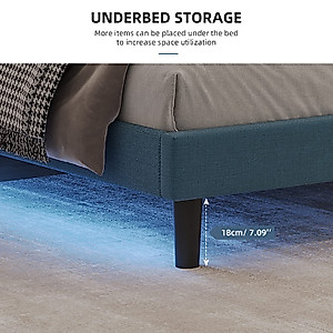 MegaChunk Queen Size Upholstered Platform Bed with Adjustable Linen Headboard and RGB Lights - Sturdy Bed Slats System, No Box Spring Needed - Blue
