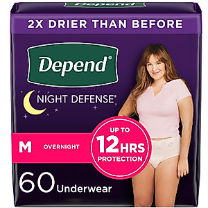Depend Night Defense Adult Incontinence & Postpartum Bladder Leak Underwear for Women, Disposable, Overnight, Medium, Blush, 60 Count (4 Packs of 15), Packaging May Vary