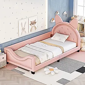 Mancofy Twin Size Cute Upholstered Daybed with Carton Ears Shaped Headboard, Wooden Twin Platform Bed Frame for Girls Boys, PU Leather Sofa Bed, Low Profile Single Bed (Triangular Ears Pink)
