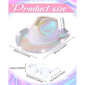 Jecery 12 Pcs Light Holographic Space Cowgirl Hat and Heart Shape Sunglasses LED Rave Cowboy Hat Rimless Heart Sunglasses for Teens Adult Party, White