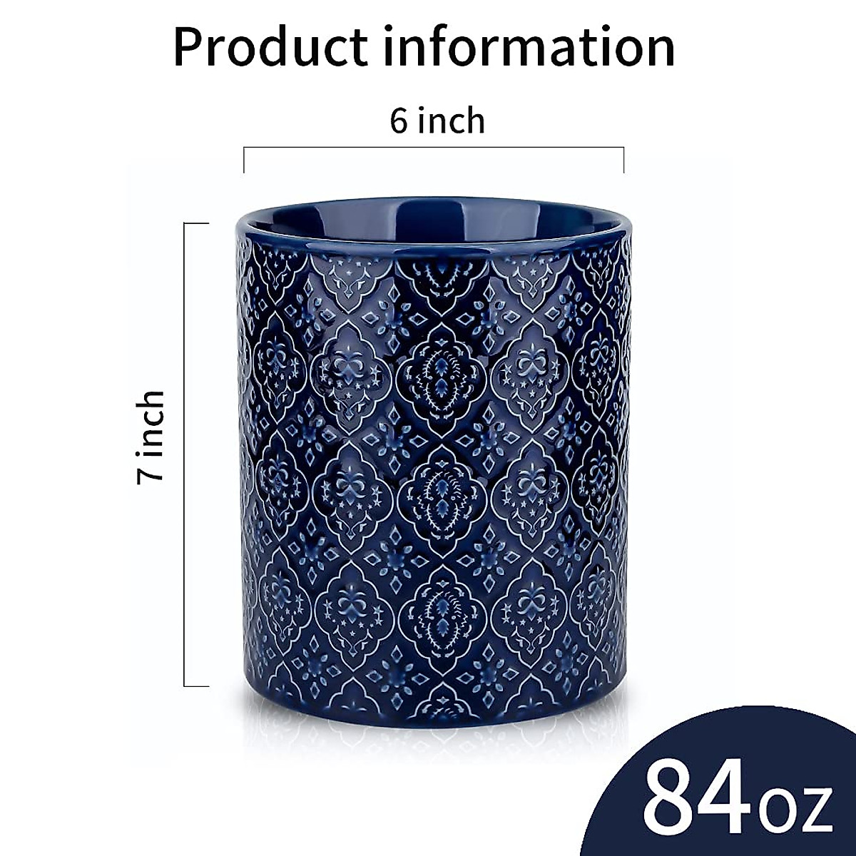 KOOV Kitchen Utensil Holder, Large Utensil Holders for Countertop, 6 x 7 Inches Ceramic Utensil Crock, Deep and Stable, Cooking Utensil Holder, Embossed Pattern (BLue)