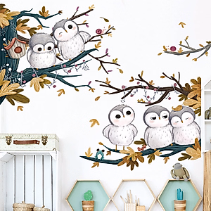 NOA Owls on Branches Cartoon Wall Sticker, Removable Waterproof Vinyl Animal Flowers Decal Decor, Lovely Art Mural for Nursery Bedroom Kids Room Home Decoration