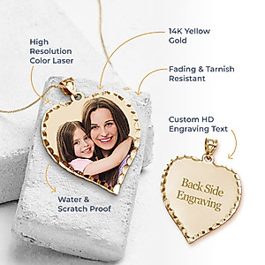 PicturesOnGold Personalized Photo Engraved Heart Shaped Picture Necklace with Diamond Cut Edge - 1 Inch x 1 Inch - 14k Yellow Gold w/Backside Engraving
