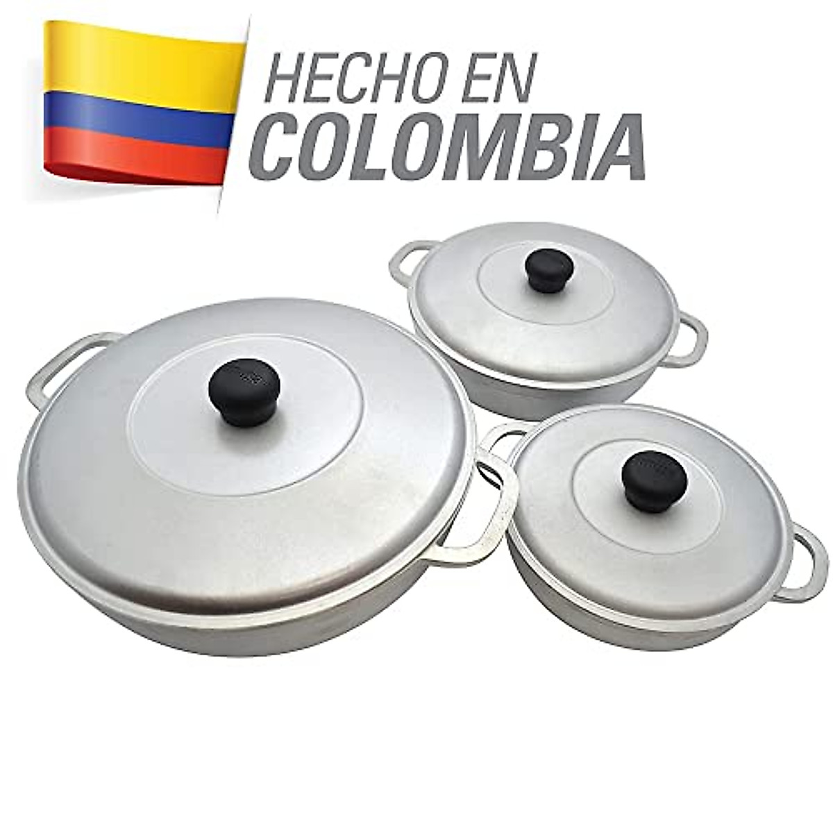 IMUSA USA Traditional Colombian Natural Caldero 3-Piece(1.5/3.5/7.0 Quart) Dutch Oven Set, Silver, Small
