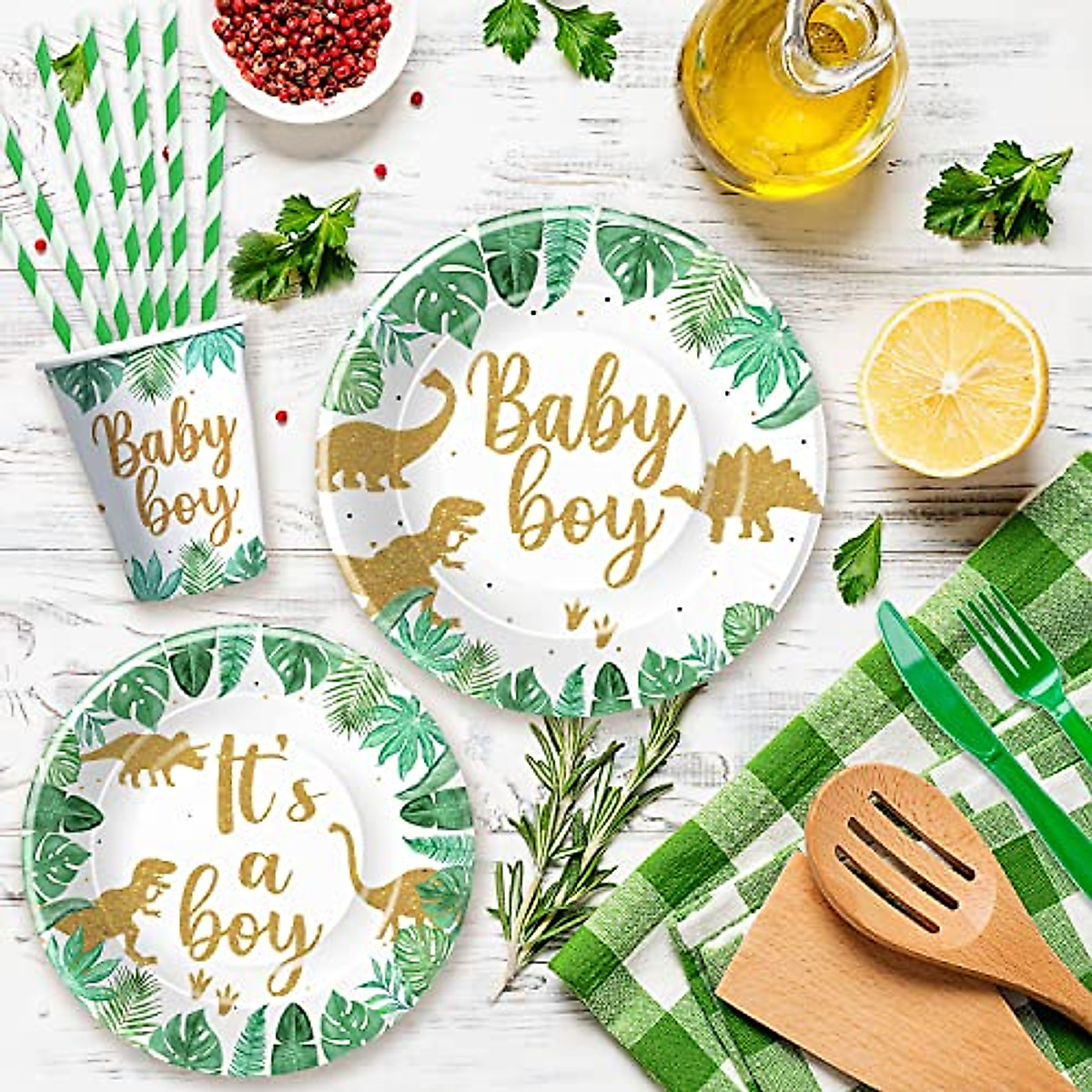 HIPVVILD Dinosaur Baby Shower Decorations for Boy - Jungle Safari Theme Baby Shower Party Supplies Include Plates, Cups, Napkins, Tablecloth, Straws, Cutlery, Dinosaur Baby Boy Decorations | Serve 24