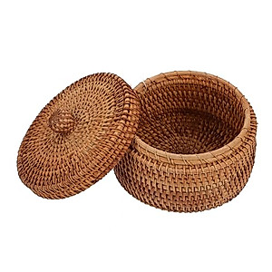 Abaodam Rattan box Small Round Basket Small Wicker Basket with Lid Rattan Storage Basket Box Boho Straw Fruit Snacks Basket for Home Bathroom Shelf Decor