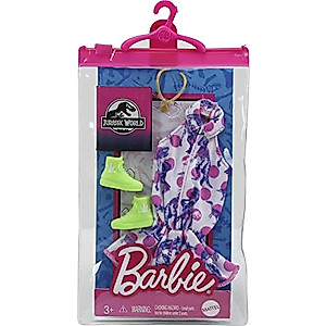 Barbie Doll Clothes Inspired by Jurassic World: Dominion, Complete Look, 2 Accessories, Shorts Romper with Pink Polka Dot & Dinosaur Print, Lime Green Boots & Necklace, Gift for Kids 3 to 8 Years Old