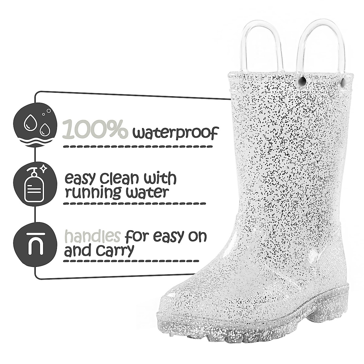 K KomForme Girls Rain Boots,Kids Glitter Waterproof Boots with Easy-on Handles Silver