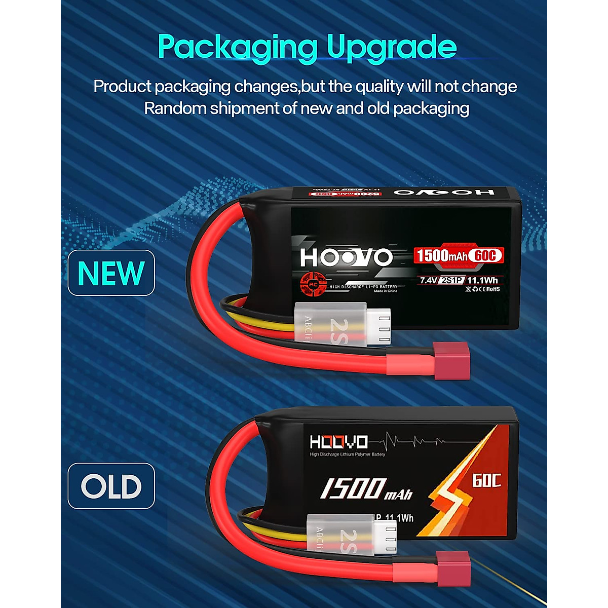 HOOVO 2S 7.4V 1500mAh 60C RC Lipo Battery Pack with Deans T Connector for RC Boat Truck RC Helicopter Airplane Quadcopter UAV Drone FPV Racing Hobby Models(2 Packs)