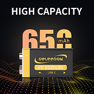 Deleepow Rechargeable 9V Batteries USB C 650mAh, 9V Lithium Batteries Rechargeable 800 Cycle with USB Cable
