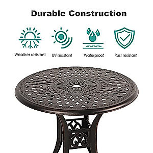 COBANA Patio Bistro Table, 31’’ Round Cast Aluminum Outdoor Dining Retro Side Table with 2’’ Umbrella Hole, Bronze