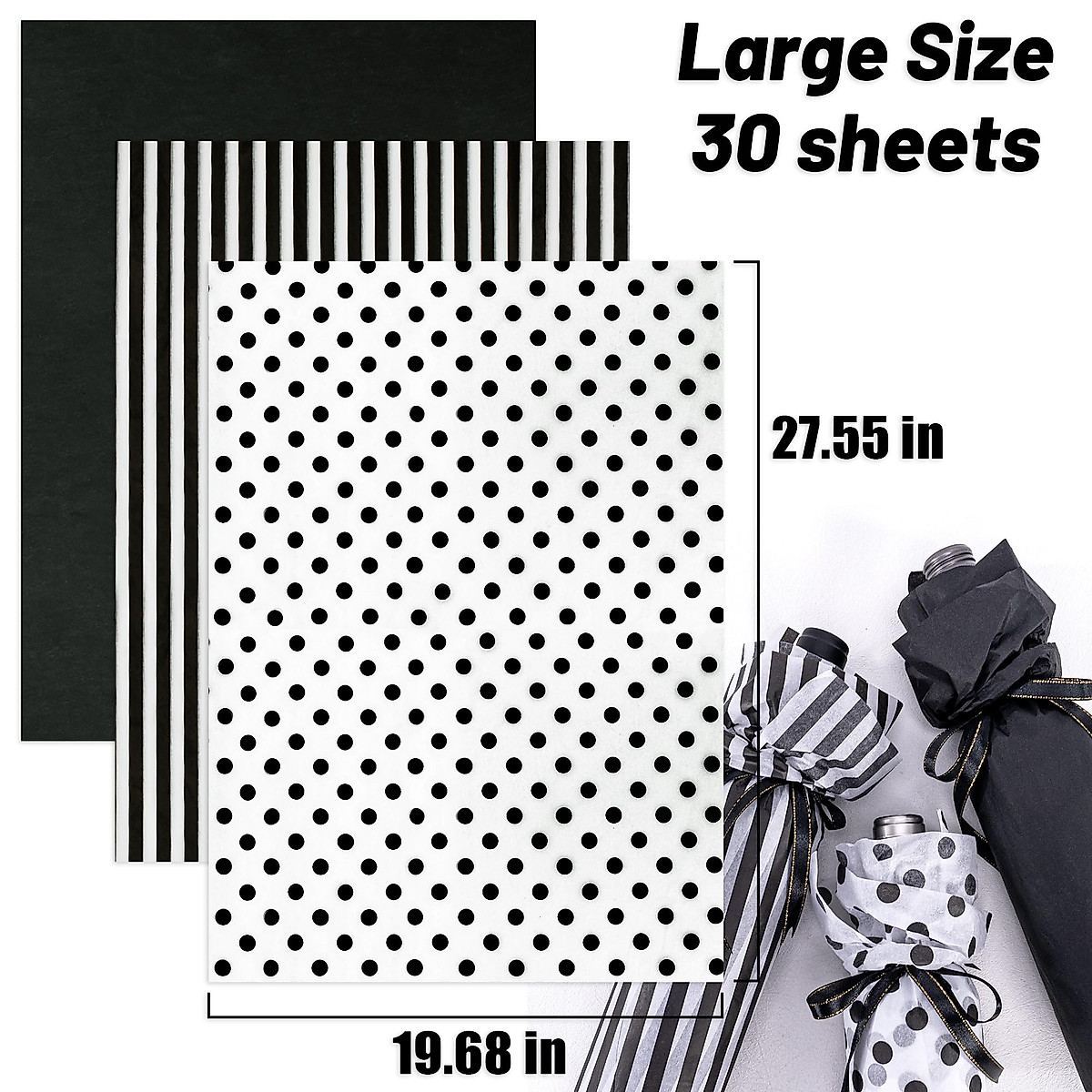 MR FIVE Black and White Tissue Paper Bulk,20" X 28",Black and White Tissue Paper for Gift Bags,Black and White Gift Tissue Paper for Graduation,Birthday,Holiday Party Decoration,30 Sheets (Black)