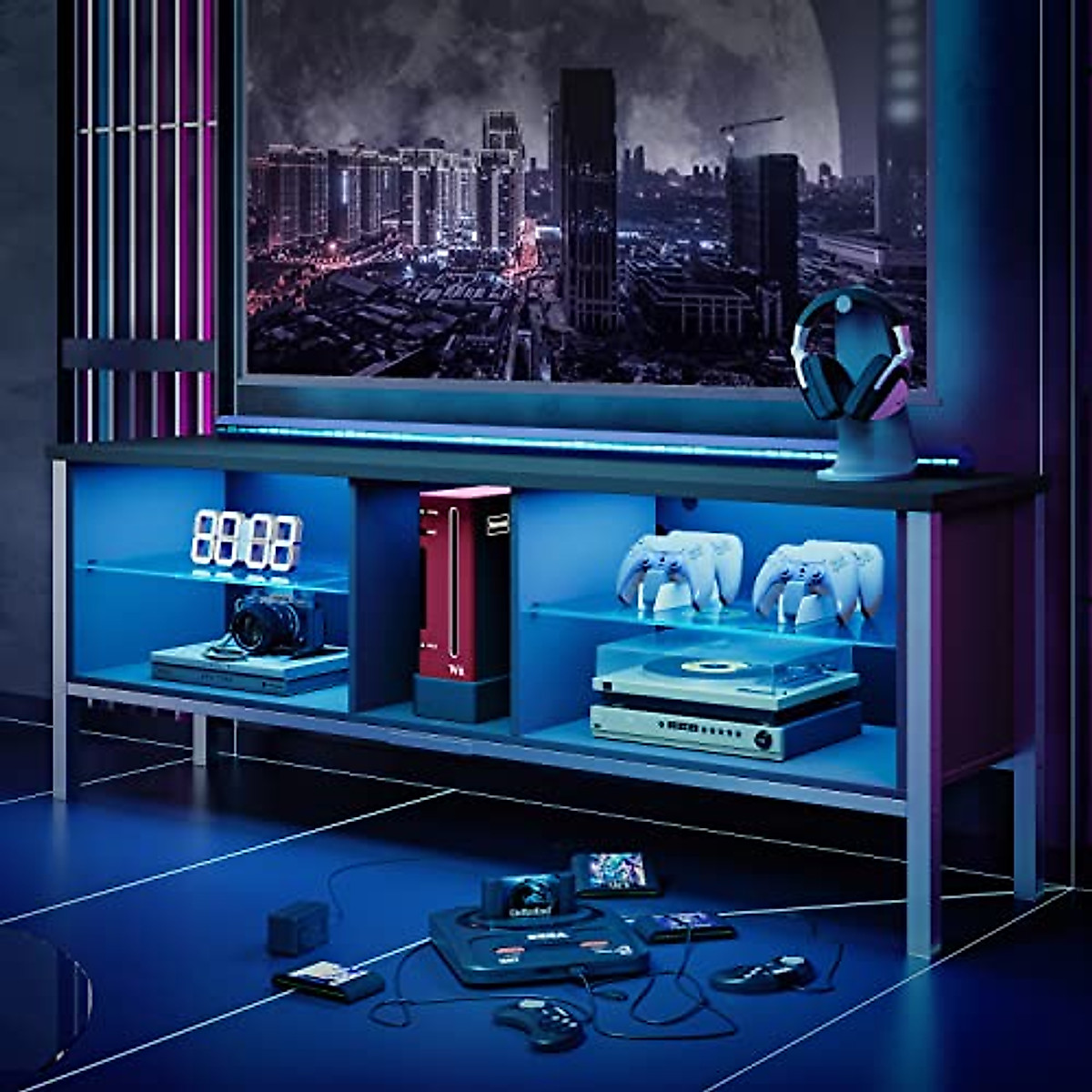 Bestier Entertainment Center, Gaming TV Stand for 70 TV inch, TV Media Console with Modern Glass Shelves, Grey