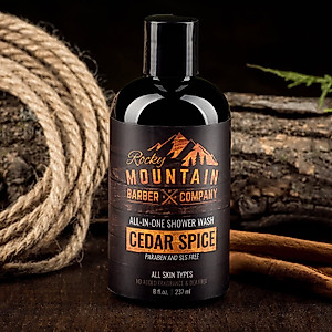 Rocky Mountain Barber Company Cedar Spice All-In-One Body Wash – Shampoo, Body Wash, Conditioner, Face Wash & Beard Wash with Essential Oils - 8 oz