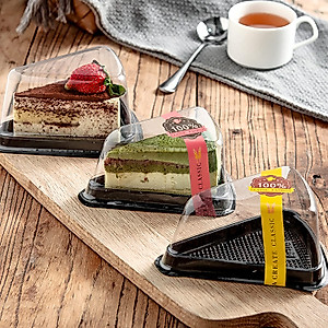 50 Pack Cake Slice Containers, Clear Plastic Cheesecake Containers Disposable Take Out Containers Individual Single Cupcake Cake Pie Slice Boxes with Lids & Stickers for Pies Snack Dessert (Black)
