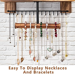 Pinzoveco Hanging Jewelry Organizer Wall Mounted With Wall Jewelry Organizer Holder For Necklaces Bracelet Earrings Ring (Rustic Wood)
