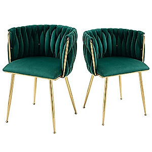 SZLIZCCC Modern Velvet Dining Chair, Curved Mid Back Support Living Room Chair, Woven Trim Gold Frame Trim Chaipholr, Ustered Club Chair， for Dining Room, Kitchen, Dressing (Emerald Set of 2)