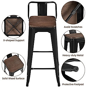 Yaheetech 30 inch Metal Stools Low Back Patio Bar Chairs Set of 4 Counter Height Stools Stackable Industrial Barstools with Wood Top Matte Black