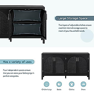 Accent Storage Cabinet Buffet Cabinet Freestanding Storage Sideboard with Artificial Rattan Doors & Metal Handles, Entryway Cabinet for Living Room Office Bedroom, Kitchen (Black)