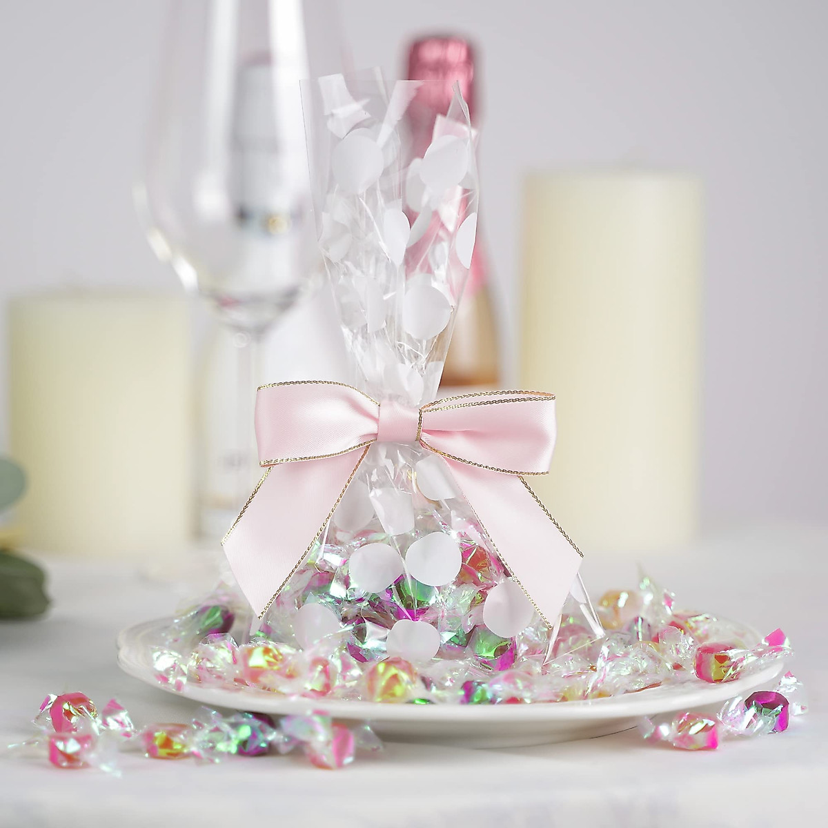 AIMUDI Pink Twist Tie Bows for Treat Bags 3.5" Premade Pink and Gold Bows for Crafts Pre-Tied Pink Bows for Baby Shower, Cello Bags, Wedding Favors, Gift Wrapping, Party Decorations, 50 Counts